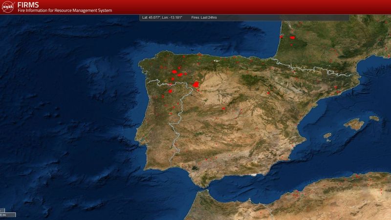 Mapa de los incendios activos en España
