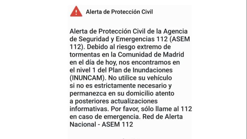 Mensaje de alerta del 112 a todos los móviles ubicados en la Comunidad de Madrid
