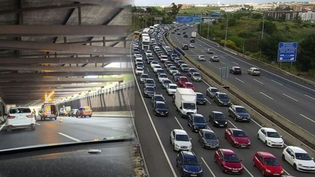 Gran atasco en la M-40 de Madrid por la caída de unas planchas