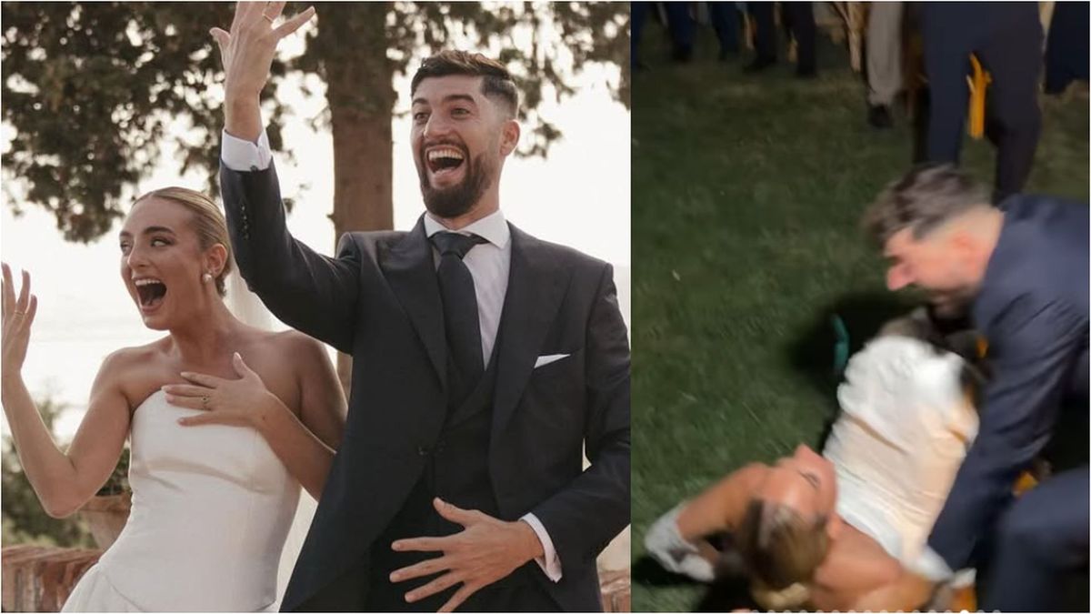 Natalia Palacios se cae en el día de su boda al chocarse con su marido ...